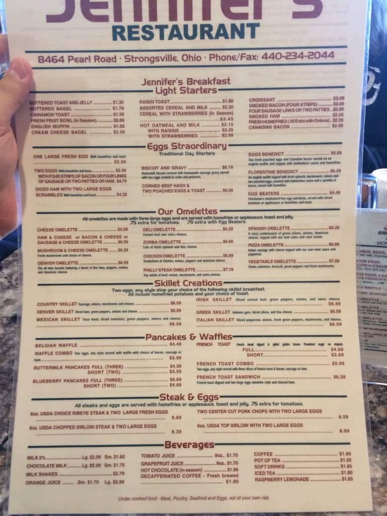 Menu at Jennifer's restaurant, Strongsville