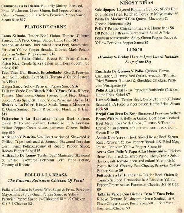 Menu at Pisco Sour Restaurant & Lounge, Denver, Park Meadows Dr