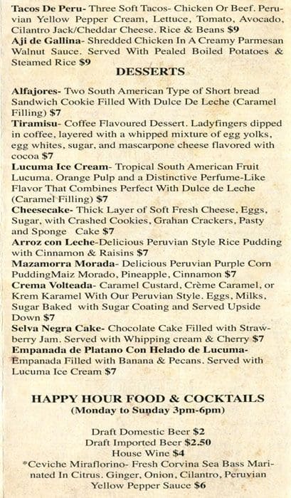 Menu at Pisco Sour Restaurant & Lounge, Denver, Park Meadows Dr