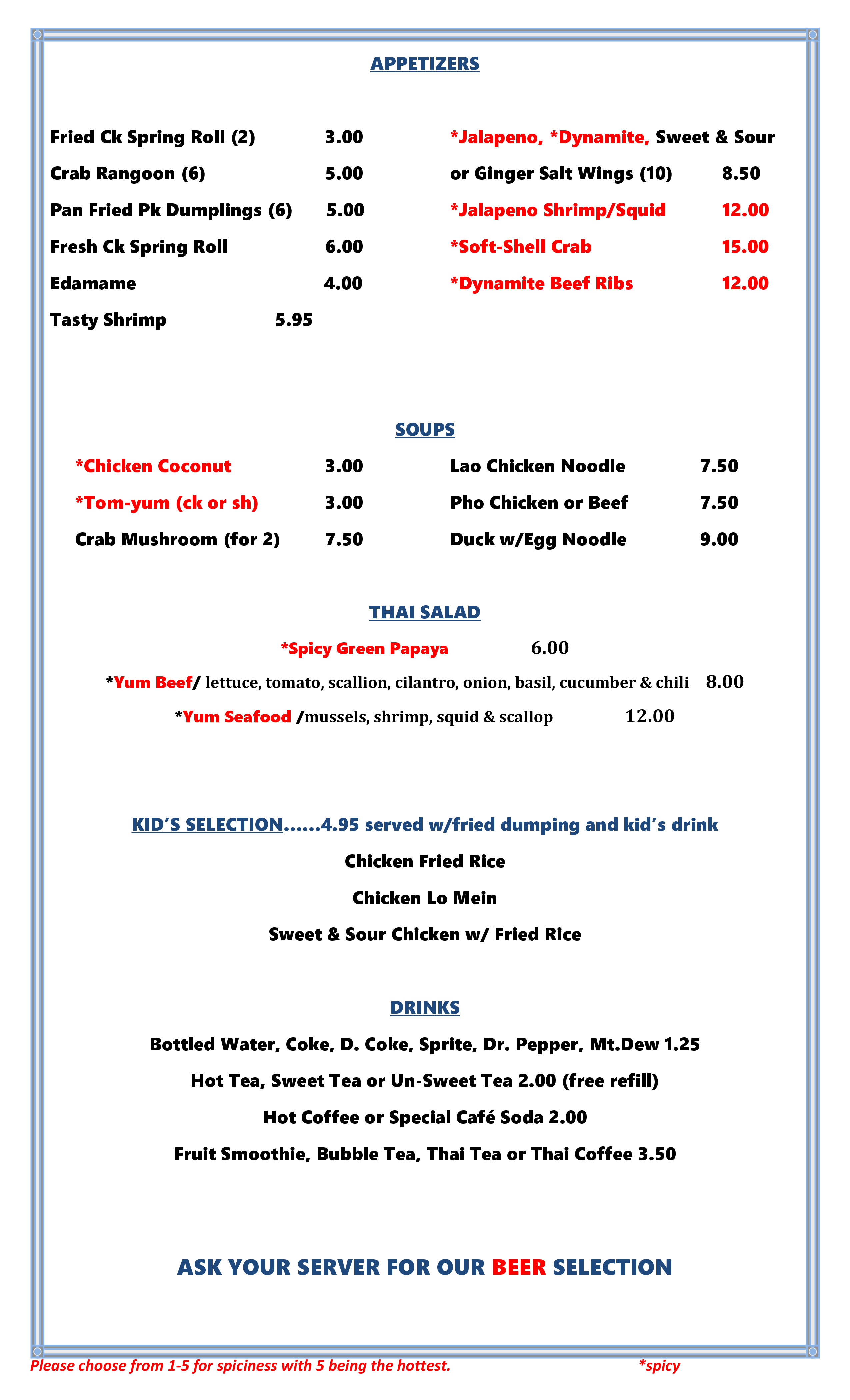 Menu at Pad Thai Cafe, Murfreesboro