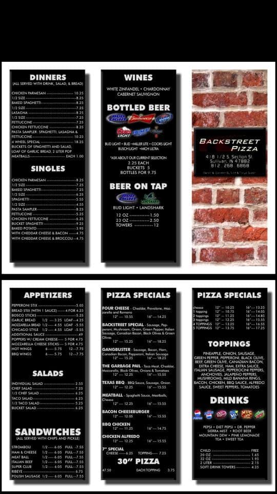 Menu at Backstreet Pizza pizzeria, Sullivan, 523 S Section St