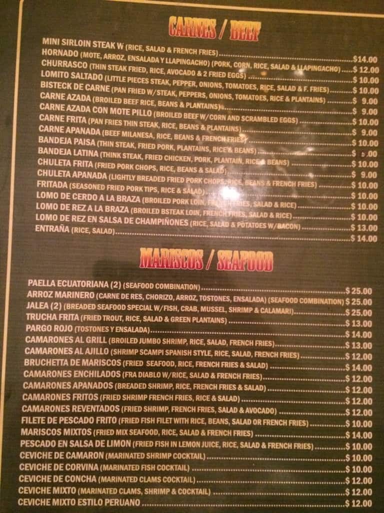 Menu at Amazonas Restaurant, Sleepy Hollow