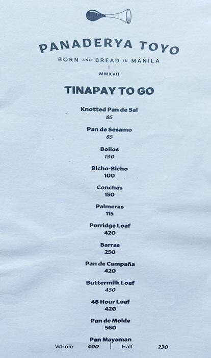 Menu at Panaderya Toyo, Makati