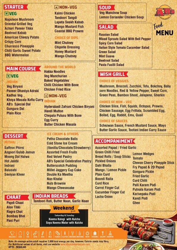 Menu of AB's - Absolute Barbecues, Dwaraka Nagar, Vizag