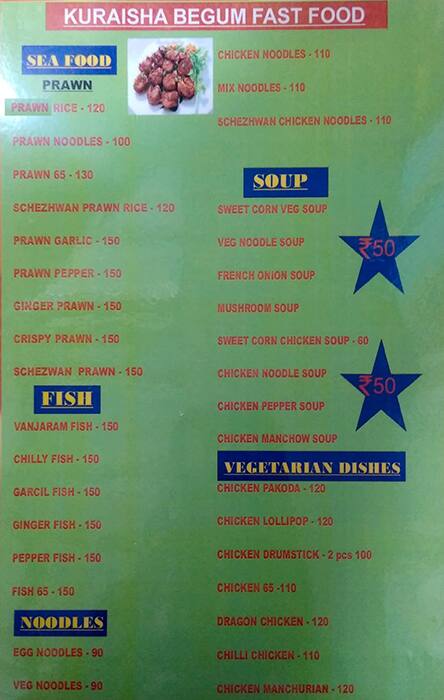 Menu of Kuraisha Begam Fast Food, Triplicane, Chennai