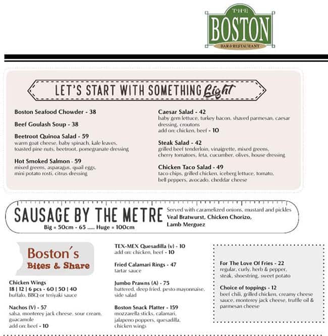 Menu of The Boston Bar & Restaurant - Jumeira Rotana, Al Satwa, Dubai