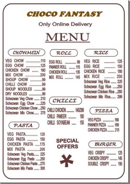Menu of Choco Fantasy, Kestopur, Kolkata