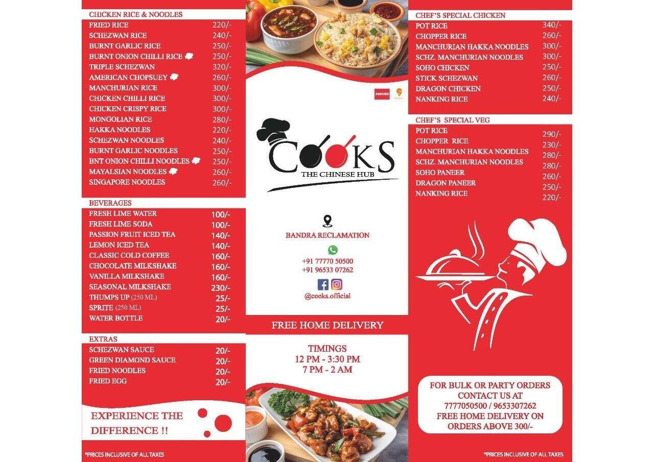 Menu of Cooks - Chinese Hub, Reclamation, Bandra West, Mumbai