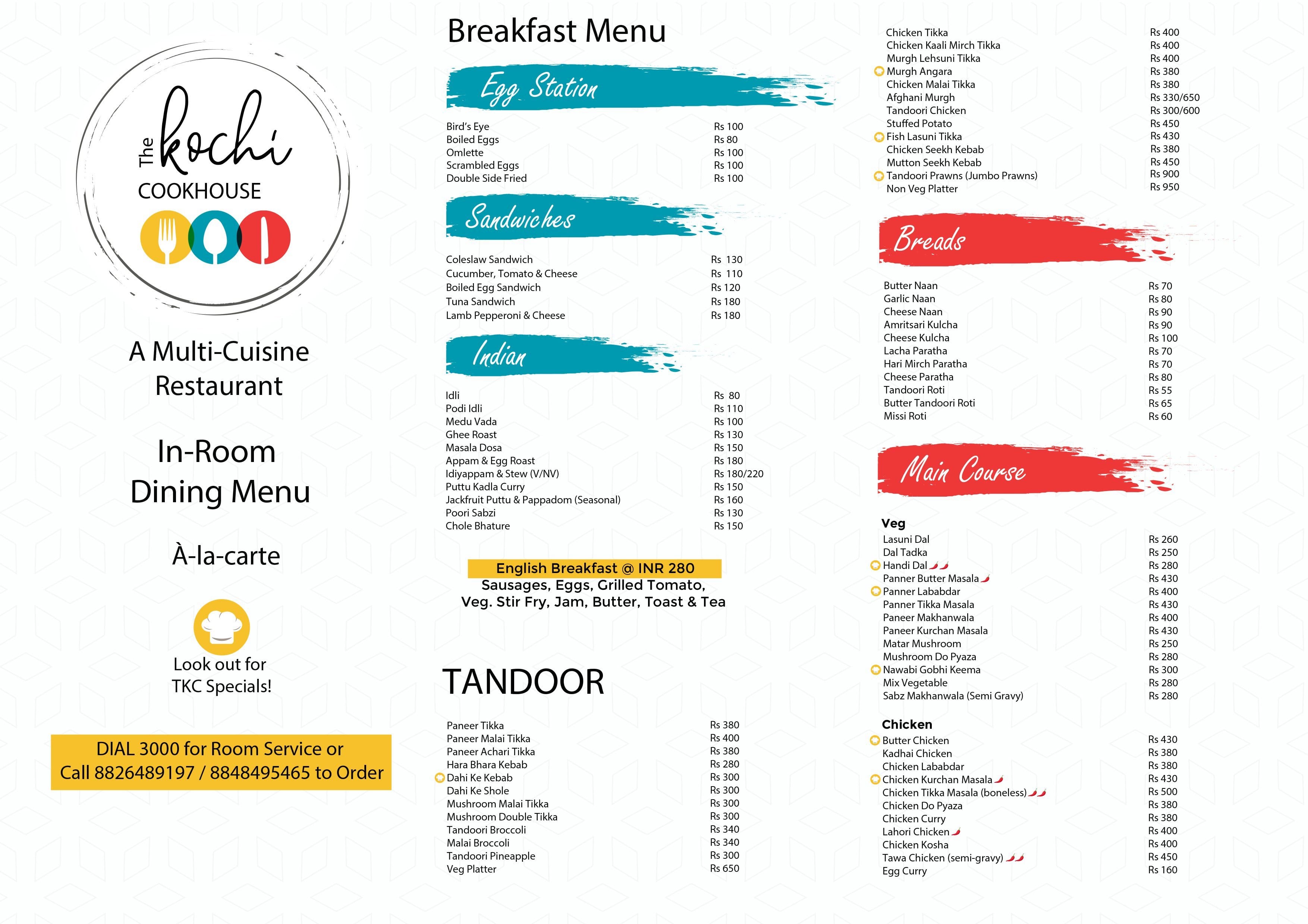 Menu at The Kochi Cookhouse, Kochi