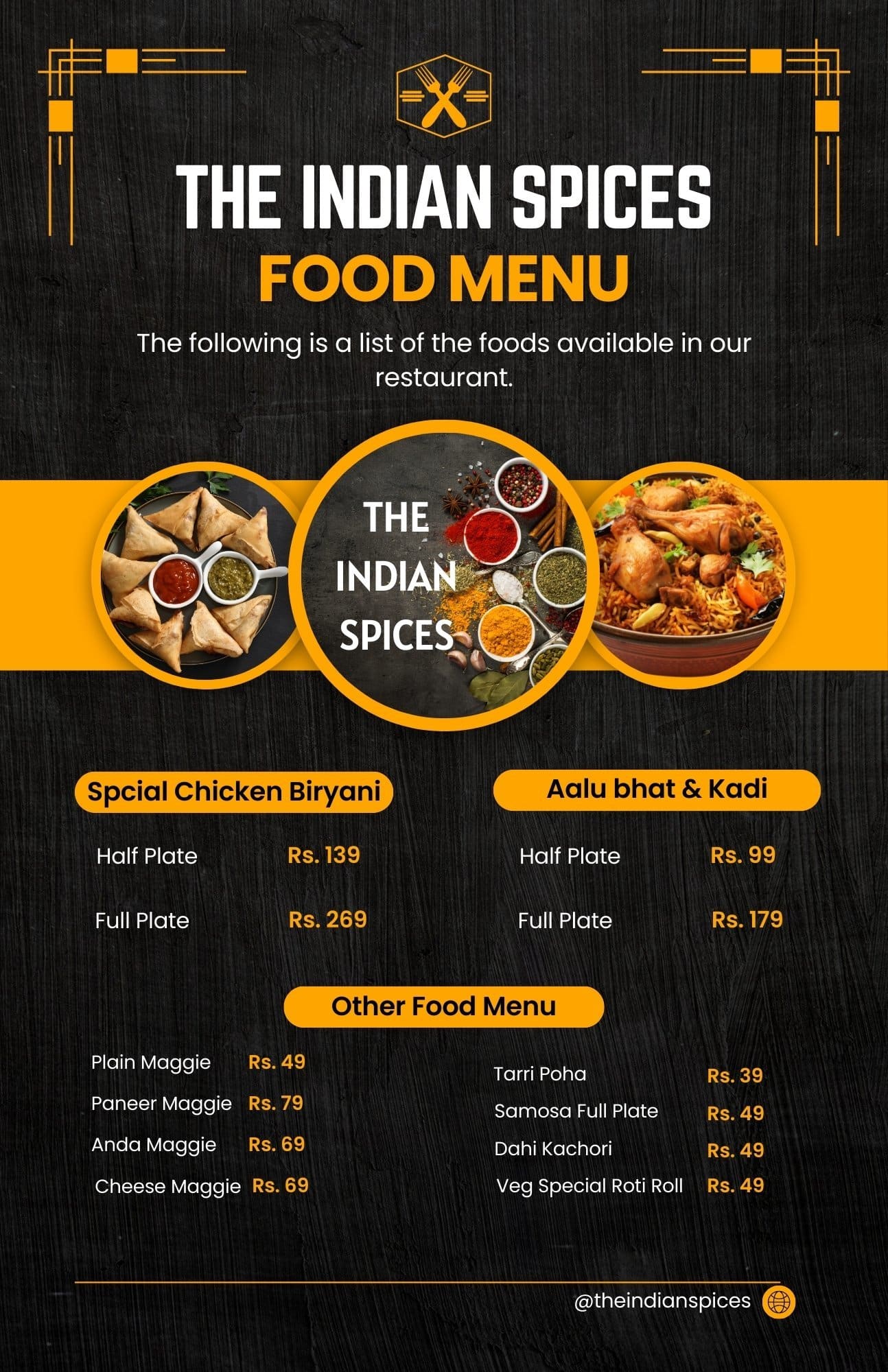 Menu of The Indian Spices, Nandanvan, Nagpur