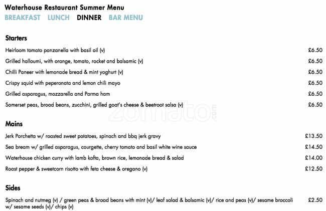 Menu at WaterHouse Hoxton restaurant, London