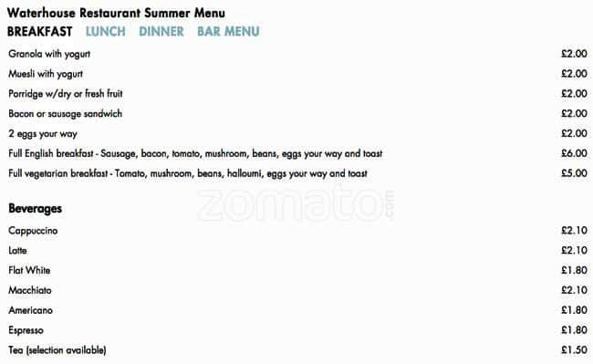 Menu at WaterHouse Hoxton restaurant, London
