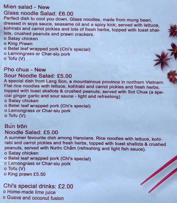 Menu at Chi cafe, London, 168 New Cavendish St