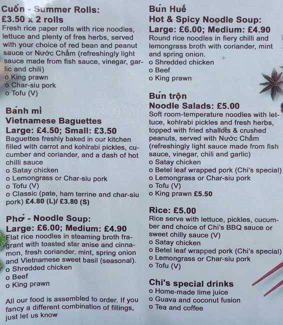 Menu at Chi cafe, London, 168 New Cavendish St