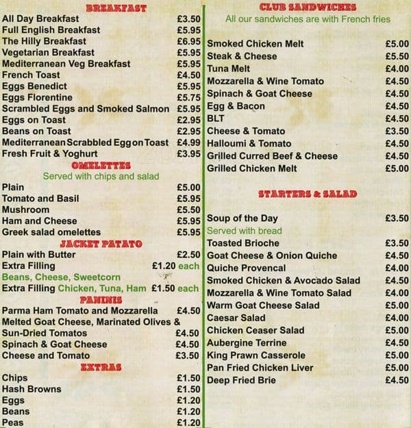 Menu at The Hilly Kitchen Cafe-Bistro, London