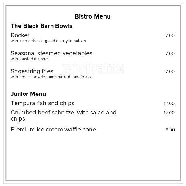 Menu at Black Barn Bistro, New Zealand