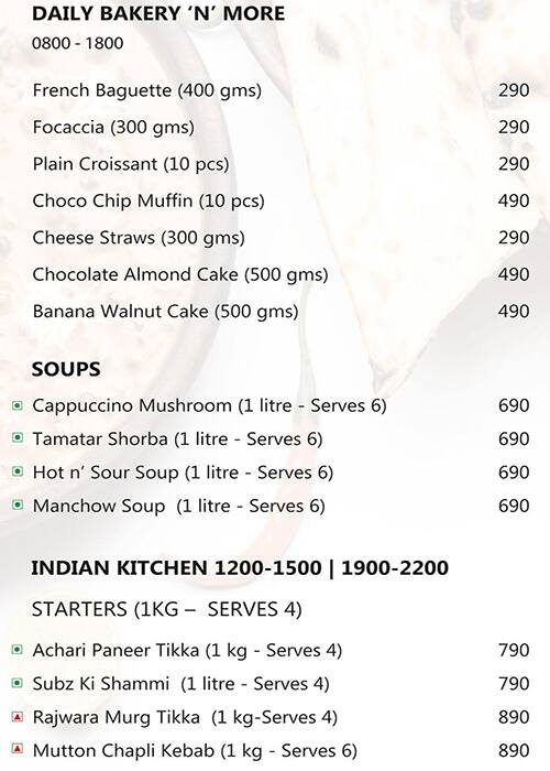 Menu at Baluchi – A Pan Indian Destination, Jaipur