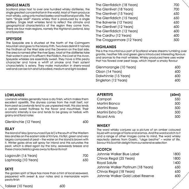 Menu at Baluchi – A Pan Indian Destination, Jaipur