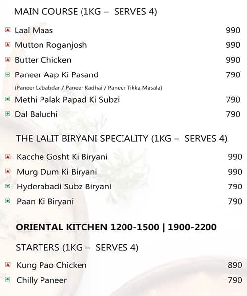 Menu at Baluchi – A Pan Indian Destination, Jaipur