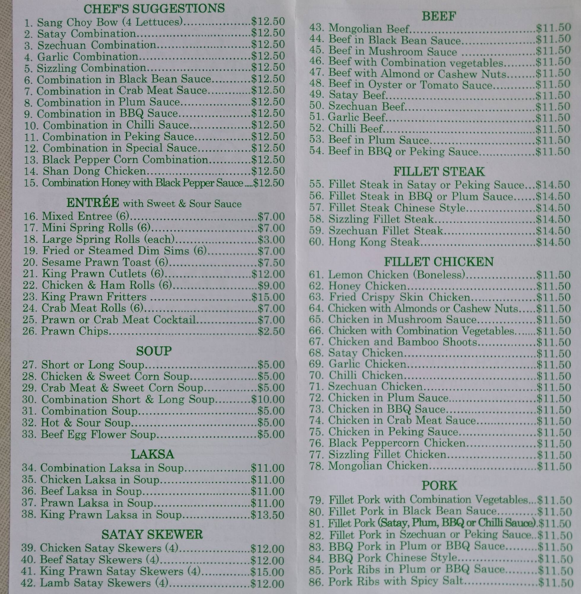 Menu at Moorebank Chinese Take Away Food restaurant, Moorebank