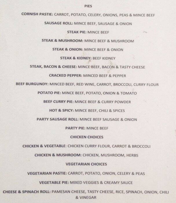 Menu at Dinkum Pies restaurant, Melbourne, 29 Block Pl