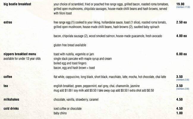 Menu at Henley Surf Life Saving Club, Henley Beach