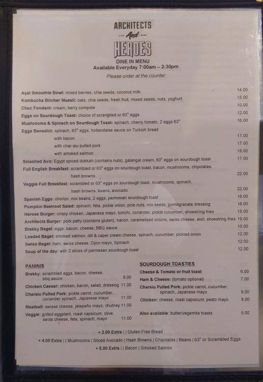Menu at Architects and Heroes cafe, Subiaco, 25 Rokeby Rd