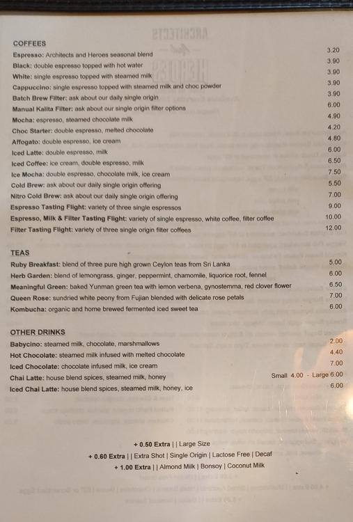 Menu at Architects and Heroes cafe, Subiaco, 25 Rokeby Rd