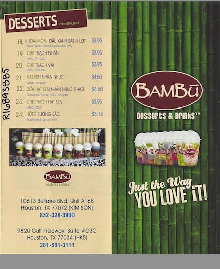 Menu at Bambu Desserts & Drinks, Stafford, Fountain Lake Cir