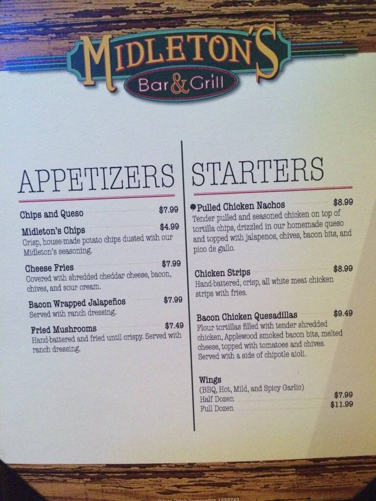 Menu at Midleton’s Bar and Grill, Tulsa