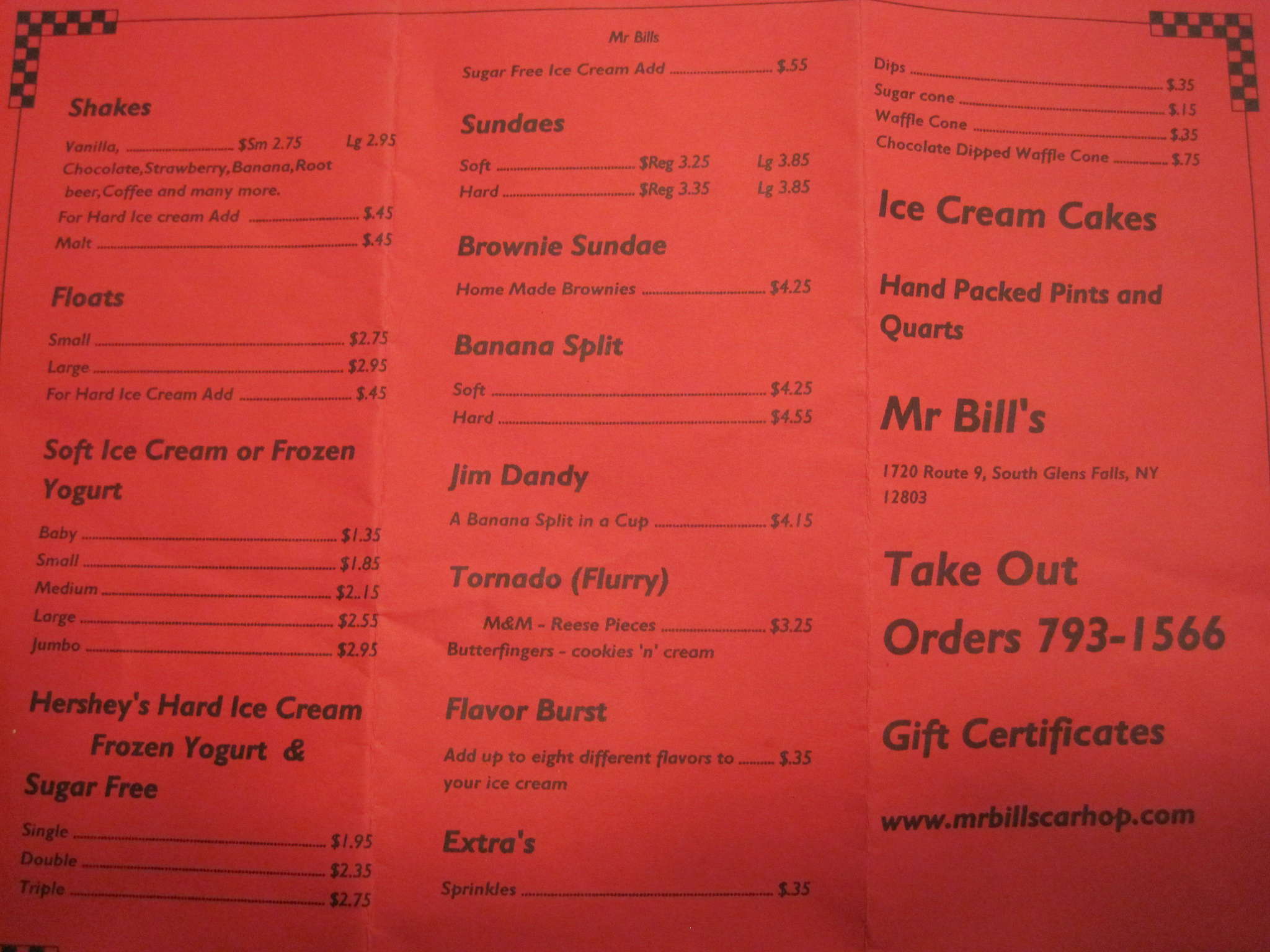 Menu at Mr Bill's Carhop restaurant, South Glens Falls