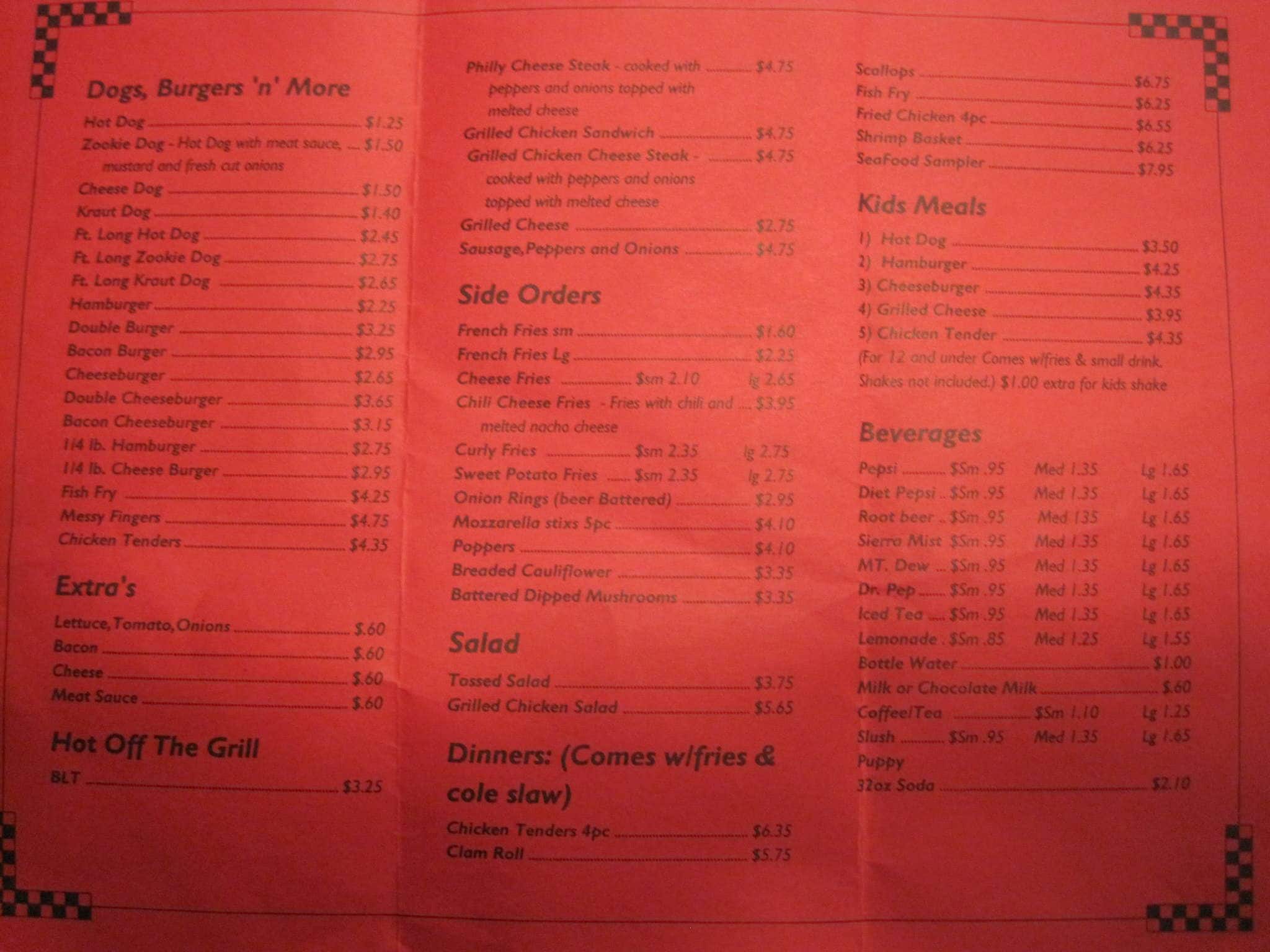 Menu at Mr Bill's Carhop restaurant, South Glens Falls