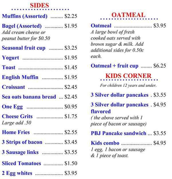 Menu at Sea Oats Caffe cafe, St. Augustine