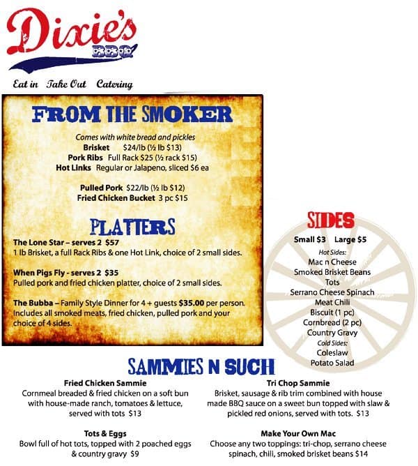 Menu at Dixie's BBQ, Vancouver