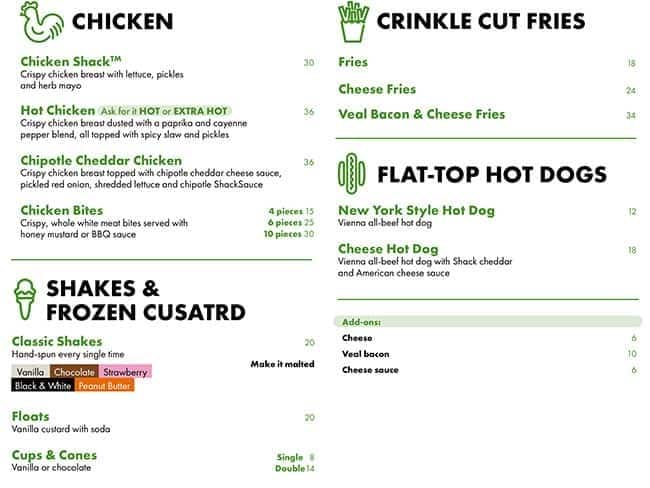 Menu at Shake Shack restaurant, Dubai, Mall of Emirates