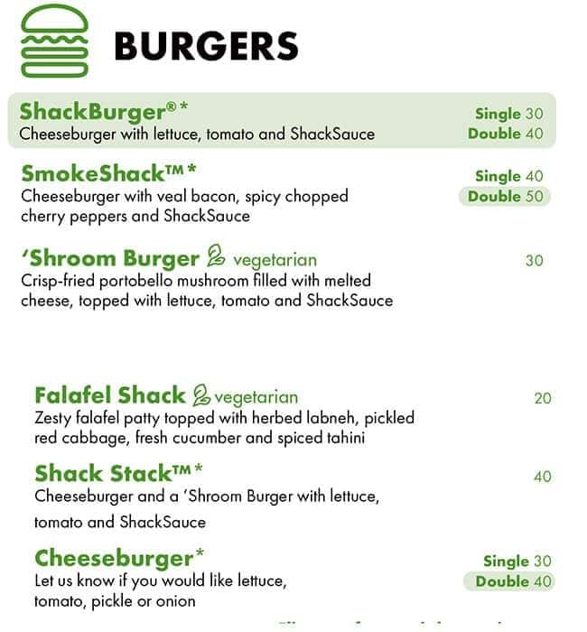 Menu at Shake Shack restaurant, Dubai, Mall of Emirates