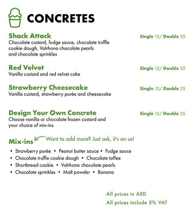 Menu at Shake Shack restaurant, Dubai, Mall of Emirates