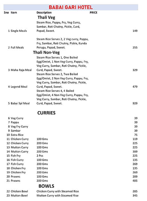 Menu of Babai Gari Hotel, Hafeezpet, Hyderabad