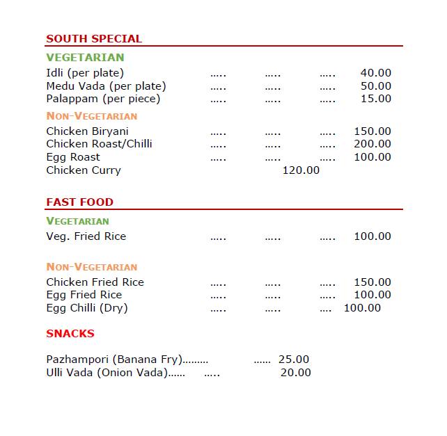 Menu of South Corner, Sama, Vadodara