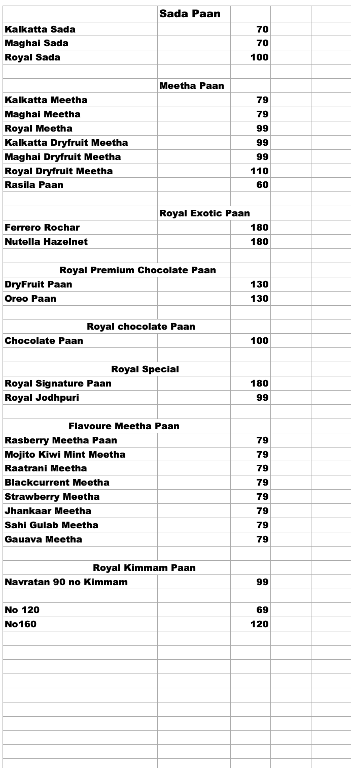 Menu of Royal Paan House, Juhu, Mumbai