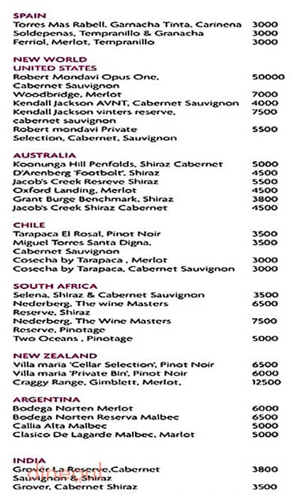 Menu at Copper Bar - Crowne Plaza, New Delhi