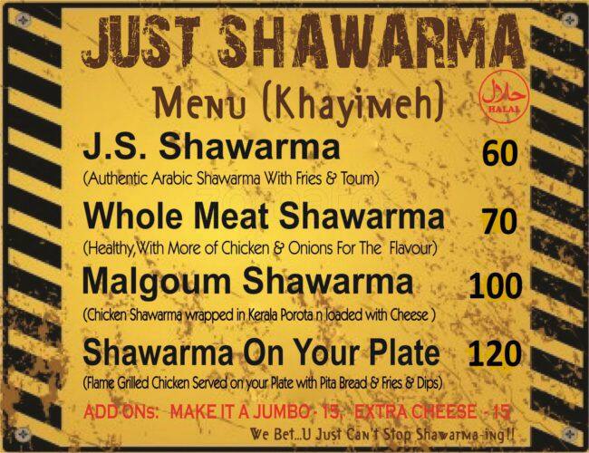 Just Shawarma Menu, Menu for Just Shawarma, Jayanagar, Bangalore - Zomato