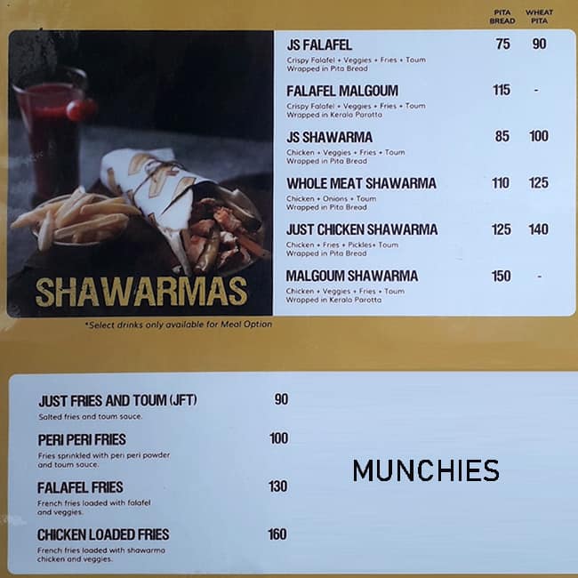 Menu of Just Shawarma, Jayanagar, Bangalore