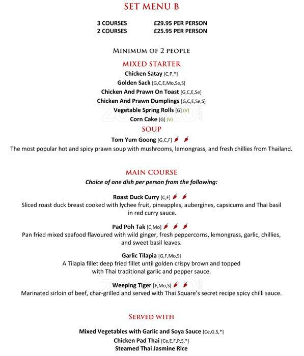 Menu at Thai Square restaurant, London, 27-28 St Anne's Ct