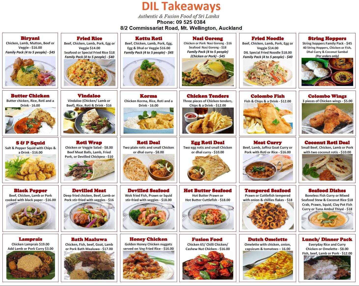 Menu at Dil Takeaways restaurant, Auckland