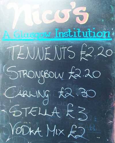 Menu at Nico's Cafe Bar, Glasgow, 375-379 Sauchiehall St
