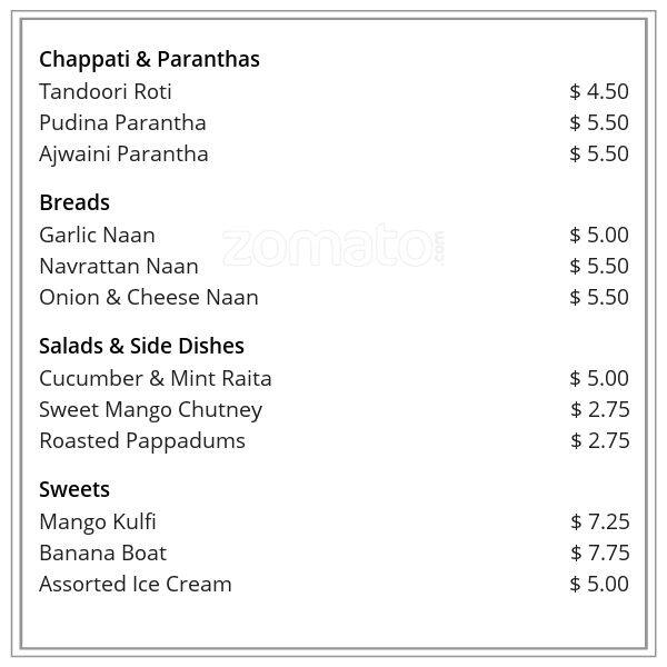 Menu at Taj Palace - Indian Restaurant, Surfers Paradise