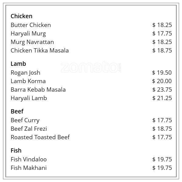 Menu at Taj Palace - Indian Restaurant, Surfers Paradise