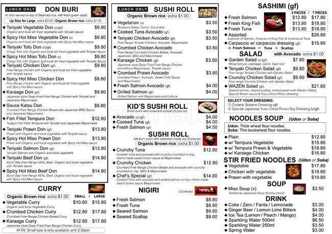 Menu at Wazen restaurant, Burleigh Heads