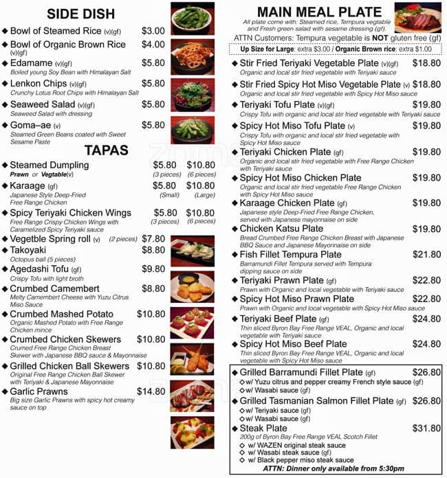 Menu at Wazen restaurant, Burleigh Heads